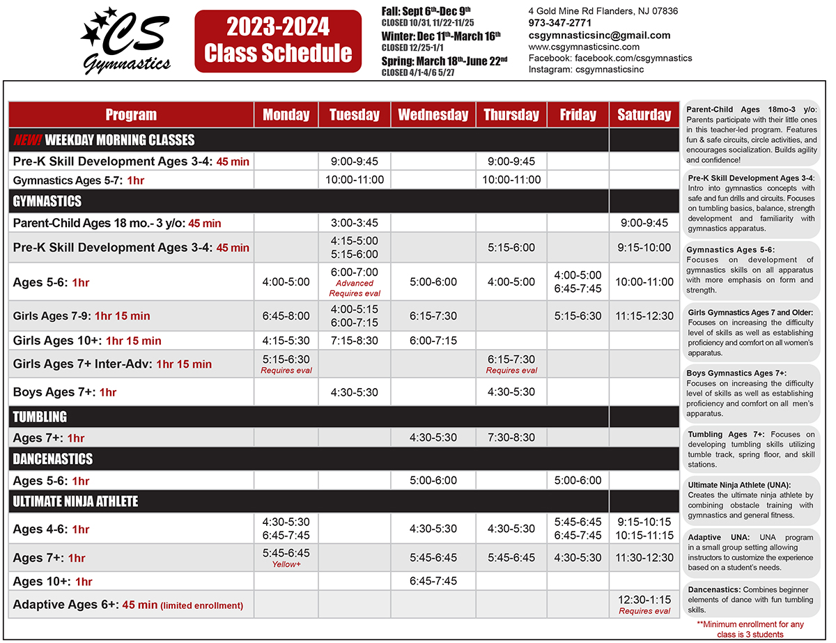 Class Schedules – C.S. Gymnastics, Inc.
