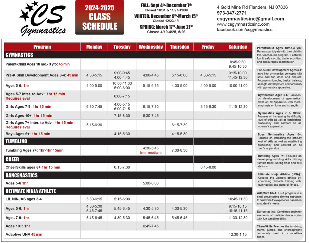Class Schedules – C.S. Gymnastics, Inc.